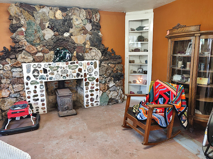 Inside the museum, even the fireplace tells a story&mdash;a cozy corner where rocks become art and a colorful afghan invites contemplation.