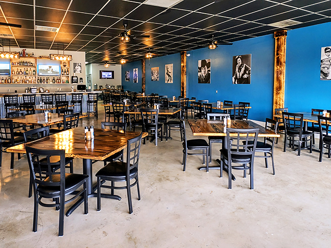 Daytime reveals the restaurant's blue walls adorned with what appear to be music legends&mdash;a visual soundtrack to accompany your culinary journey.