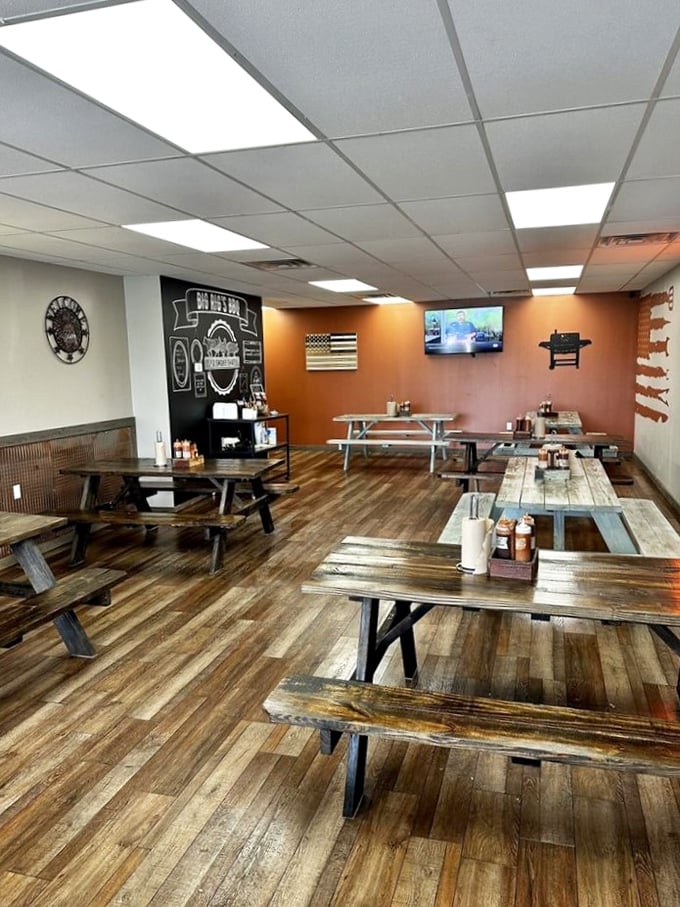 Picnic tables that have witnessed countless "Oh my goodness" moments. The rustic wood flooring completes the unpretentious vibe that lets the food be the star.
