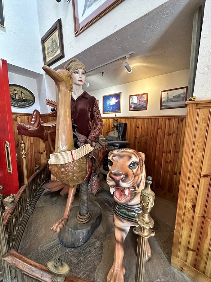 The whimsical nautical decor features figurines that look like they've jumped straight from a seafarer's tall tale.