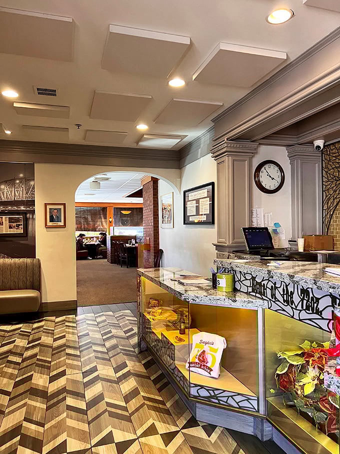 The reception area&mdash;where anticipation begins and diet plans go to die. That herringbone floor has welcomed countless hungry footsteps.