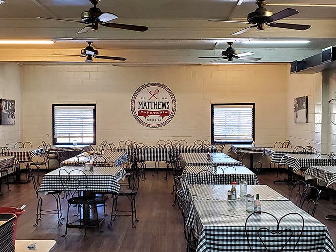 Classic black and white checkered tablecloths create the perfect backdrop for the colorful Southern feast to come.