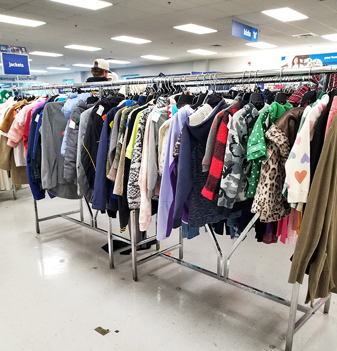 The jacket section: where leather, denim, and occasionally cashmere hang in democratic rows waiting for their second act in someone's wardrobe.