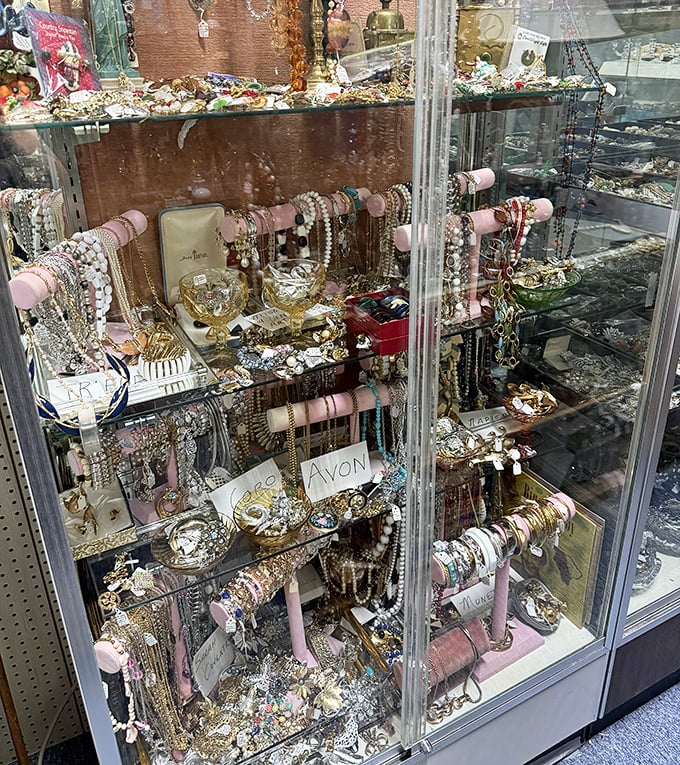 Jewelry that tells stories of proms, weddings, and fancy nights out from bygone eras. Avon's greatest hits, preserved under glass.