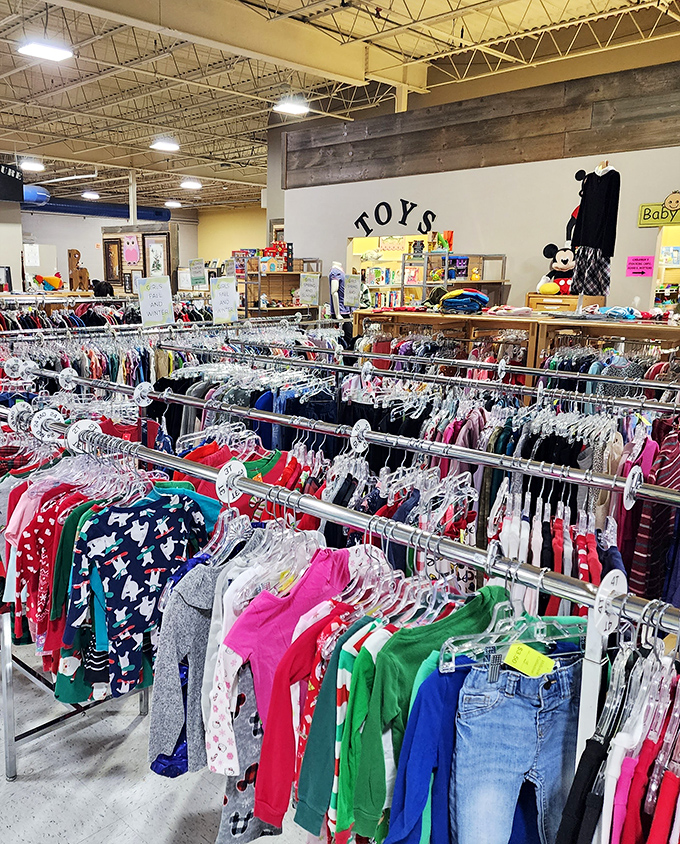 Tiny fashion central! Racks upon racks of children's clothing prove kids outgrow their wardrobes faster than parents can say "but I just bought that!"