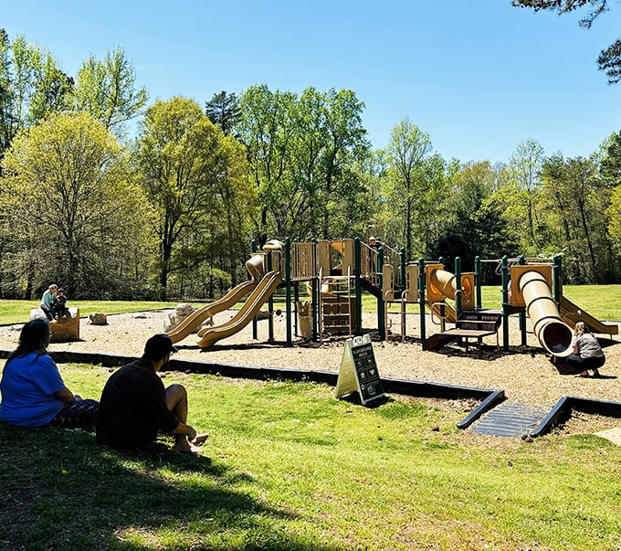 Modern playground equipment provides a welcome energy outlet for kids who've been cooped up in car seats during the scenic drive.