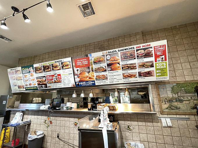 Behind every great breakfast is a well-organized kitchen. The menu board's variety shows why locals keep coming back for more.