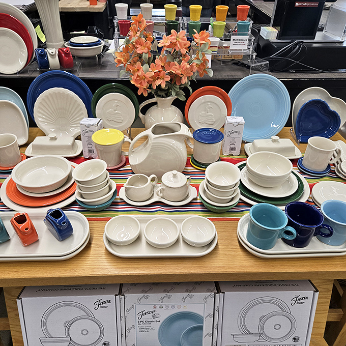 Fiestaware displays showcase American-made ceramics in a rainbow of colors. These aren't just dishes; they're conversation starters for your next dinner party.