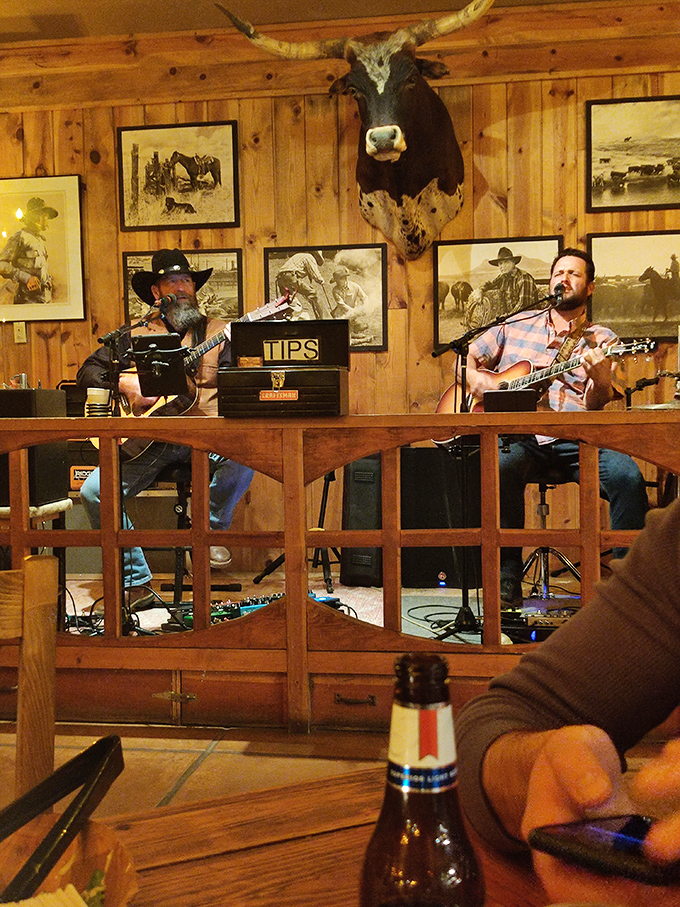 Live music adds the perfect soundtrack to your meal. Under the watchful gaze of mounted trophies, local musicians keep the Western spirit alive.
