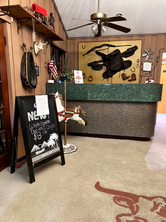 The lobby's Western decor isn't kitsch, it's a mission statement: we take our steaks seriously, but ourselves? Not so much.