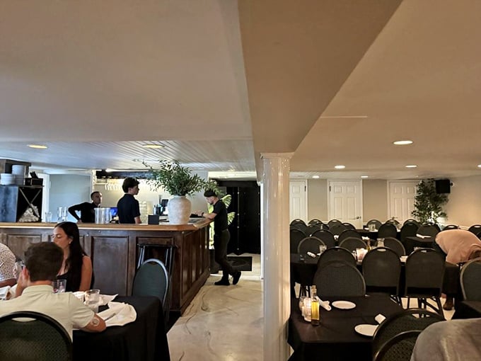 The lower level dining area offers a quieter experience, but the same big flavors. Like finding a secret room in the pasta palace.