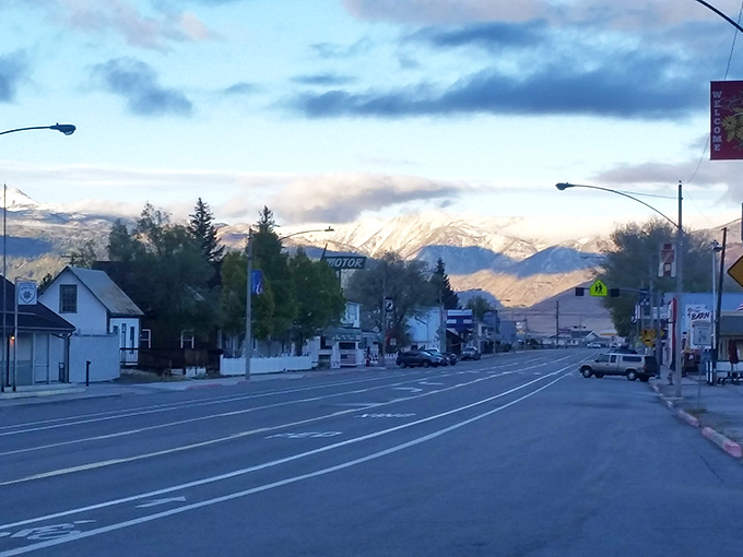 Dusk settles over Bridgeport's main drag, painting the mountains with twilight hues that no filter could ever improve upon.