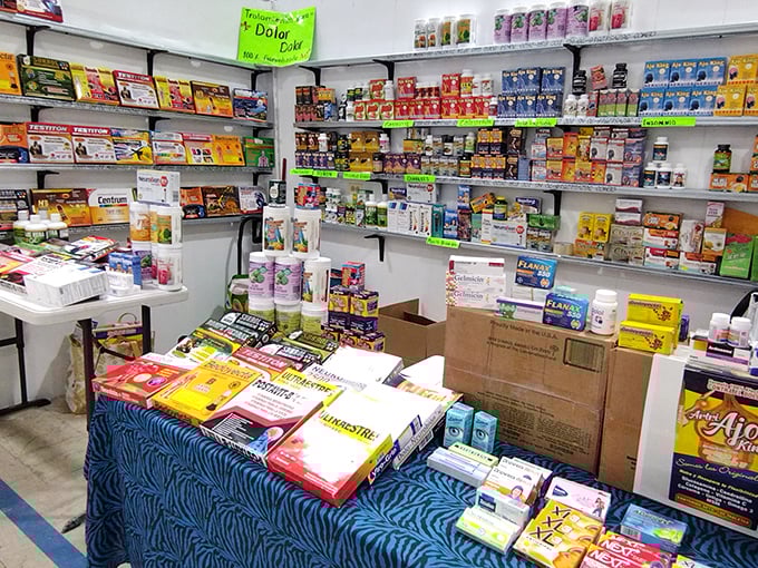 A pharmacy's worth of remedies and supplements lines these shelves, offering everything from vitamins to nostalgic brands your grandmother swore by.
