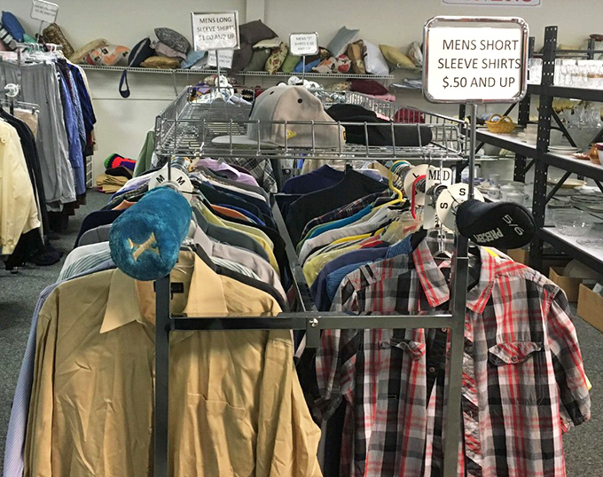 Men's shirt section: where plaid dreams come true. That perfect button-down for casual Friday might be hiding between a Hawaiian print and vintage denim.