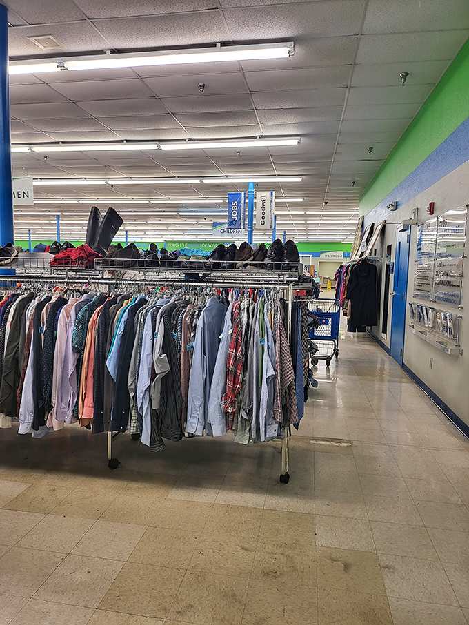 Men's shirts standing at attention like colorful soldiers. Button-downs and polos ready for their second career in someone else's closet.