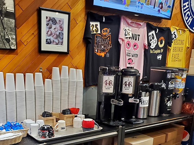 The coffee station isn't just serving caffeine – it's dispensing liquid motivation adorned with local pride and donut-themed merchandise.
