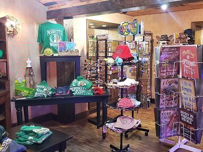 The gift shop ensures your Pasghetti's experience follows you home. T-shirts, hats, and novelties that let you say, "Yes, I've been to that place with the enormous meatball."