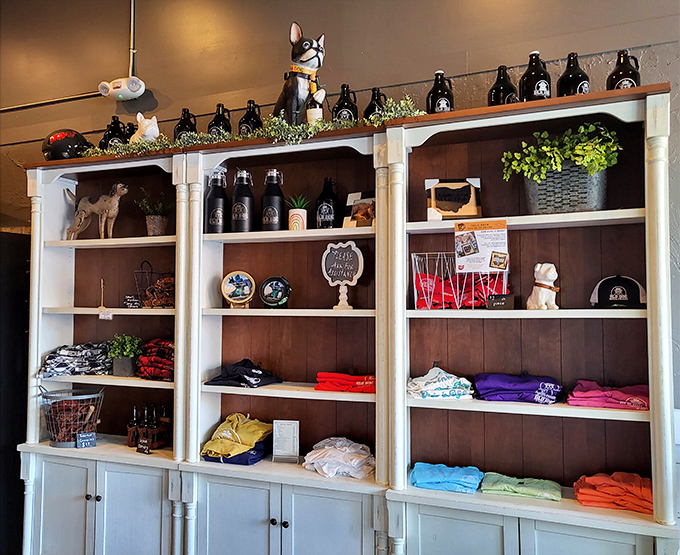 The merchandise corner proves your love for Old Dog can extend beyond mealtime. Dog-themed growlers and t-shirts let you take the experience home.