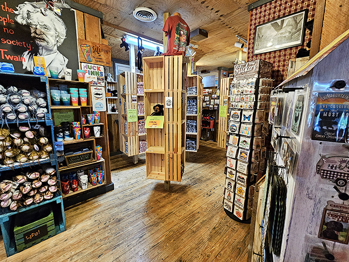 A gift shop that understands souvenirs should remind you of experiences, not just places&mdash;Mark Twain would approve of this riverside merchandising.