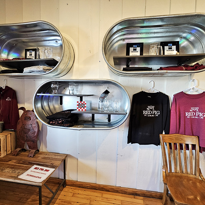 Merchandise displayed in repurposed metal tubs&mdash;because when the food is this good, people want to take home a souvenir that doesn't require refrigeration.