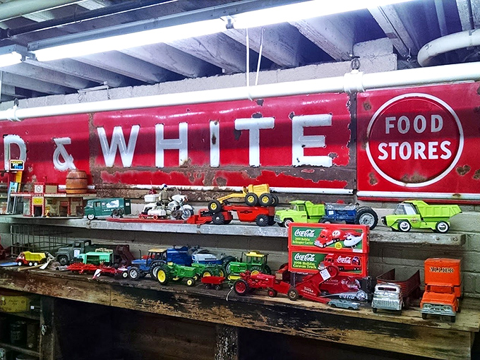 Toy cars that survived generations of playtime now park on display shelves. That Red & White Food Stores sign brings back memories of neighborhood grocers.