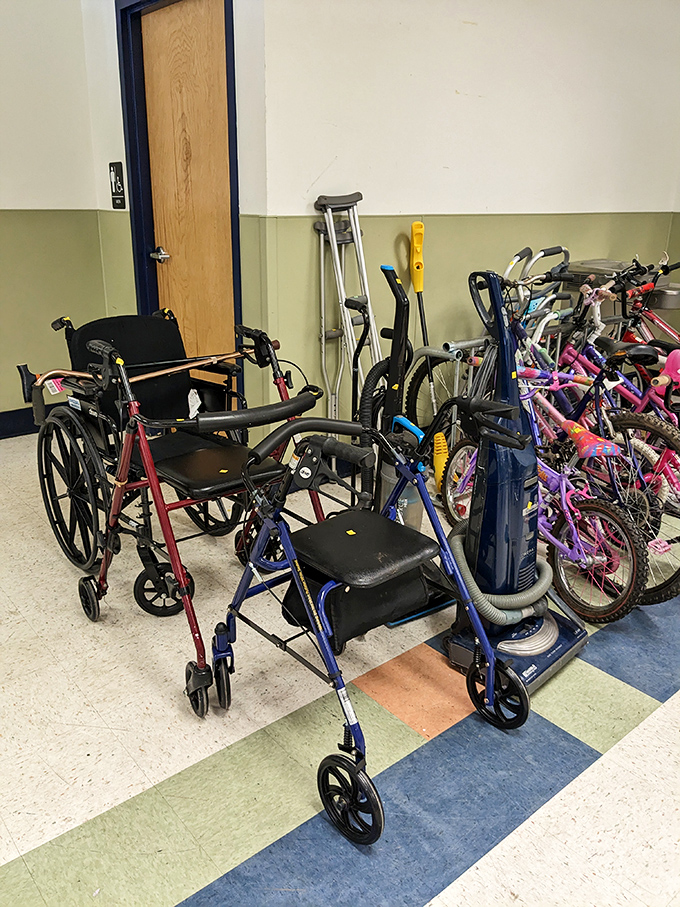 Mobility aids and bicycles stand ready for their second act, proof that both independence and adventure can come at thrift store prices.