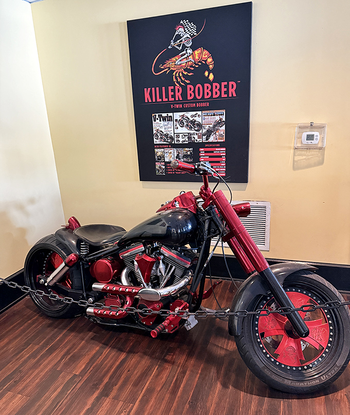 A custom motorcycle adds unexpected rock 'n' roll attitude to the restaurant&mdash;proof that seafood joints don't have to be all anchors and fishing nets.