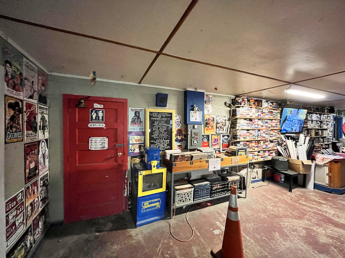 Movie memorabilia fills every corner of the concession area, including this impressive werewolf statue guarding the popcorn.