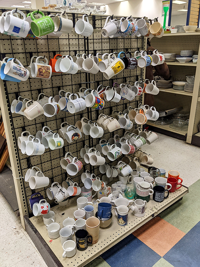 The mug wall&mdash;a ceramic gallery where coffee vessels from vacations never taken and companies long defunct find new morning routines.