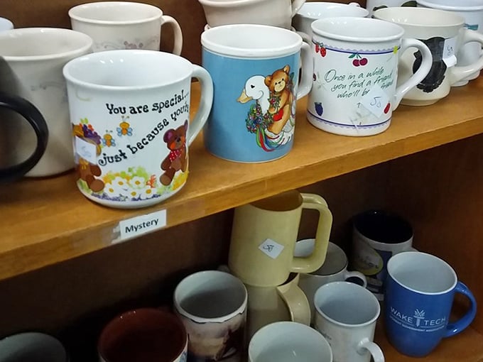 Mugs with personality stand at attention, each one telling a different story and waiting to become your morning coffee's new best friend.