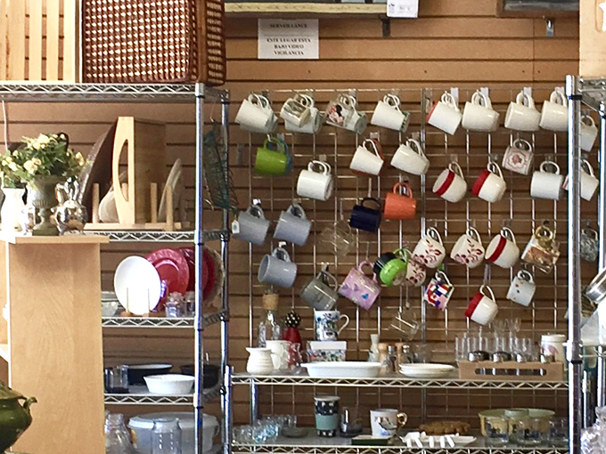 Mug collectors, shield your wallets! This display of ceramic treasures threatens to multiply your morning coffee options exponentially.