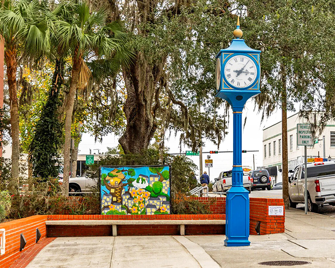 Brooksville's whimsical blue clock tower stands as a colorful reminder that in this town, it's always time for community connection.
