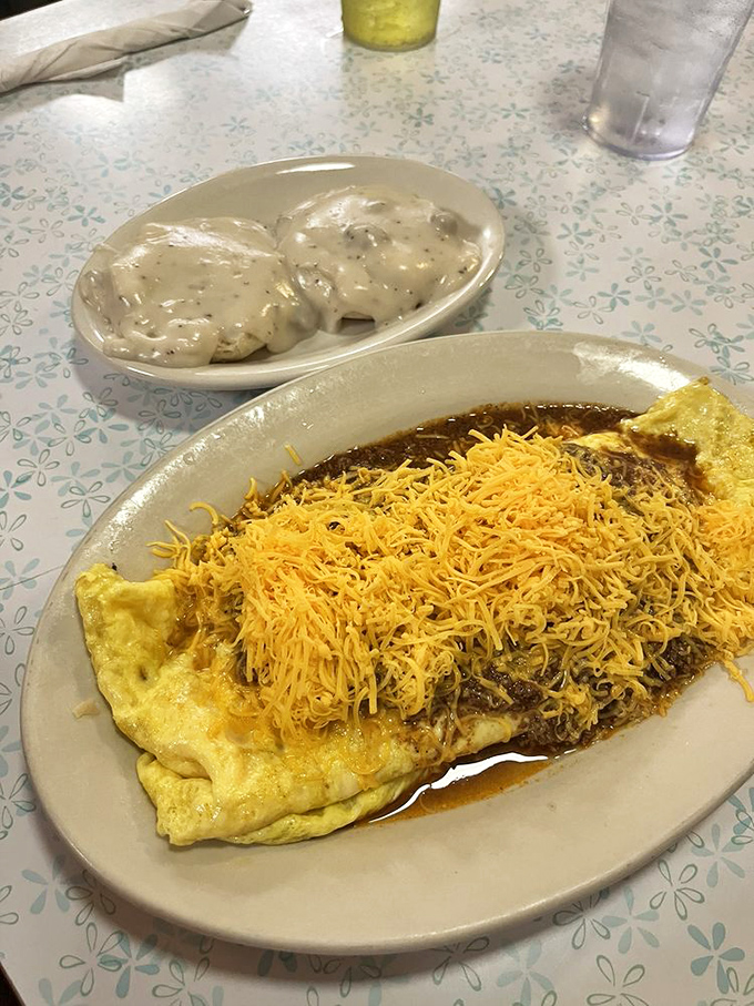 Cincinnati chili makes everything better, even omelets. That mountain of shredded cheese isn't just a topping&mdash;it's a commitment to abundance.