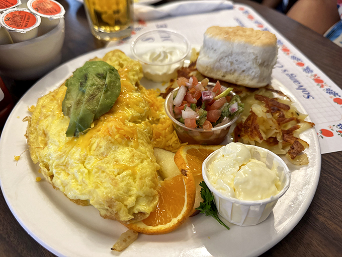 This omelet doesn't just contain ingredients—it showcases them, with cheese melting into eggs and avocado adding that California touch we all crave.