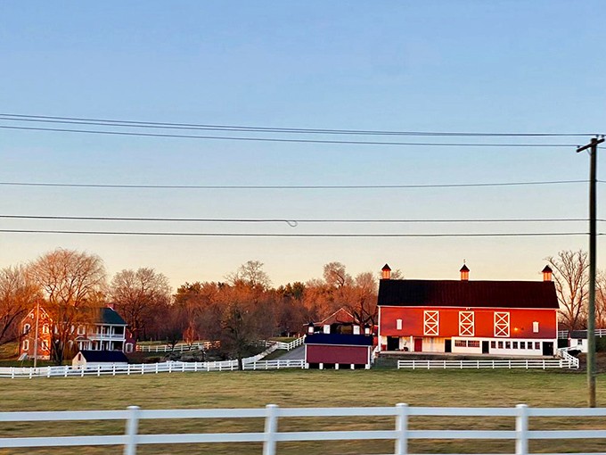 Just outside town, classic red barns and white fences frame the agricultural heritage that still surrounds Boonsboro's historic core.
