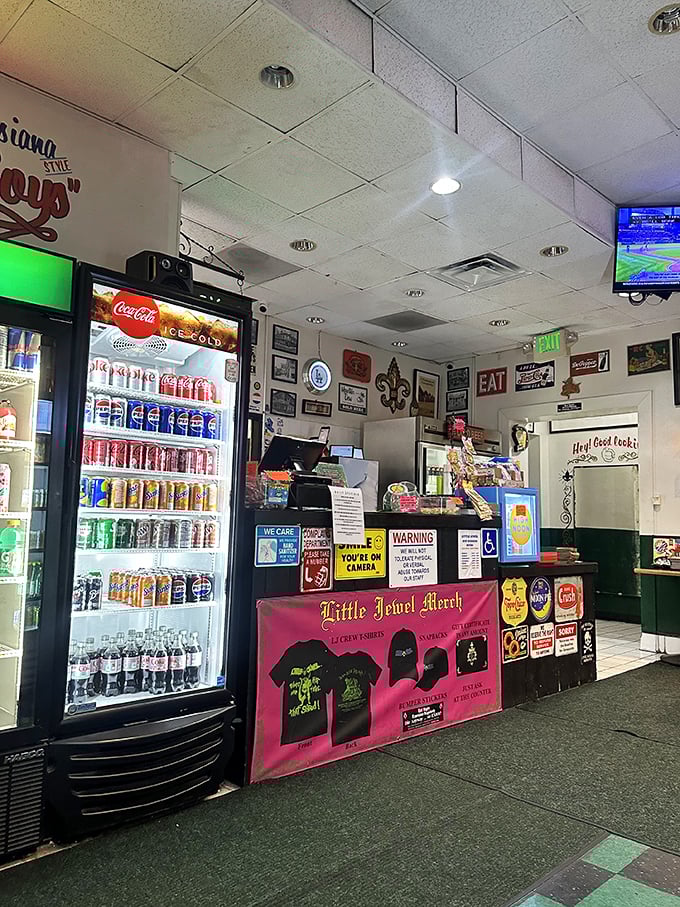 Merch for sale and cold drinks on display&mdash;because after that first po'boy, you'll want something to remember this place by.