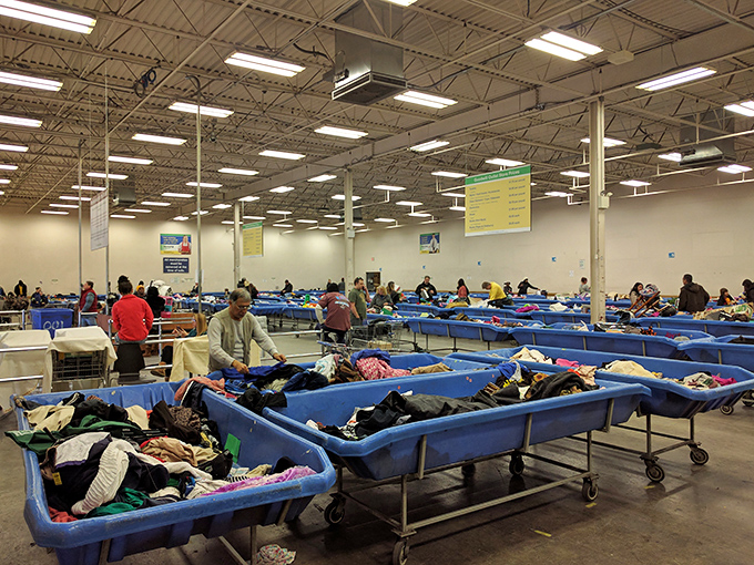 The blue bin battalion stretches to the horizon. Each container a miniature universe of possibilities, disappointments, and occasional jackpots.