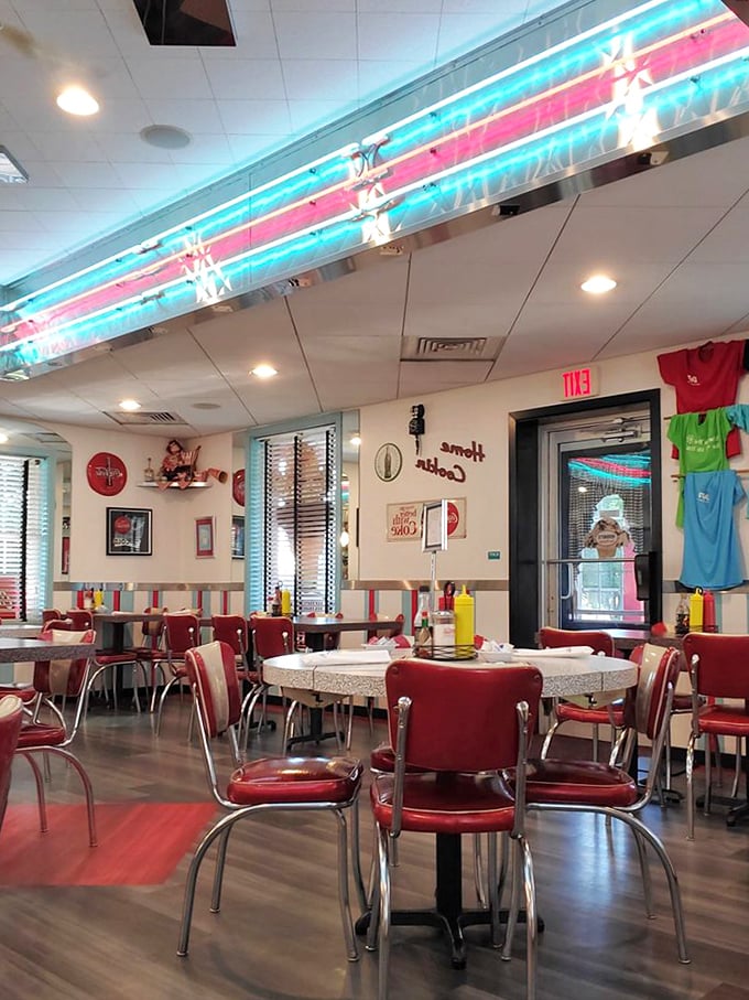 The dining room where calories don't count and conversations flow as freely as the coffee. Red vinyl chairs practically beg for a good sit-down.
