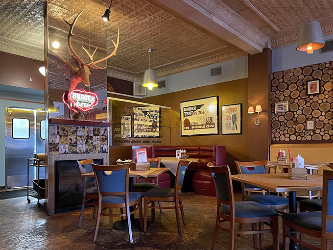Antlers, wood-paneled walls, and vintage signs create the perfect backdrop for serious barbecue consumption&mdash;like a hunting lodge that hired a genius chef.
