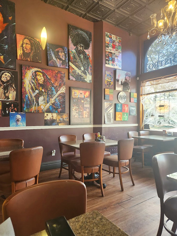 Music legends watch over diners from colorful wall art. Bob Marley would approve of this laid-back vibe and soul-satisfying food.