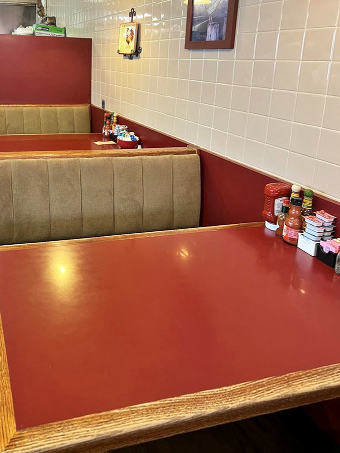 Cozy booth seating with all the essentials &ndash; condiments at the ready for whatever breakfast adventure you choose.
