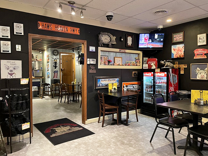 The dining room feels like your coolest uncle's basement&mdash;if your uncle happened to be a barbecue savant with excellent taste in neon signs.