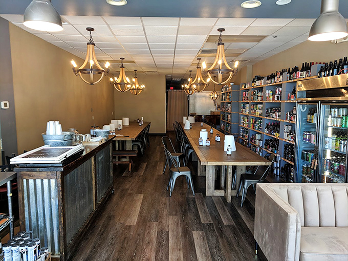 Rustic chandeliers and wooden community tables create the perfect setting for making new friends united by a common love of exceptional barbecue.