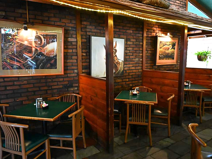 Brick walls meet wooden panels in this dining nook, creating intimate spaces for serious seafood consumption away from prying eyes.