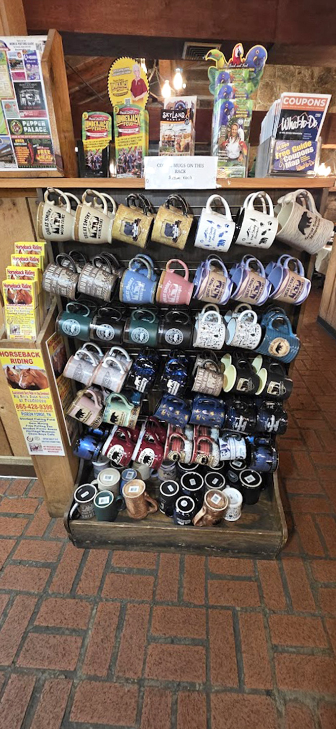Souvenir mugs lined up like eager contestants&mdash;each one hoping to be your chosen vessel for morning coffee memories.