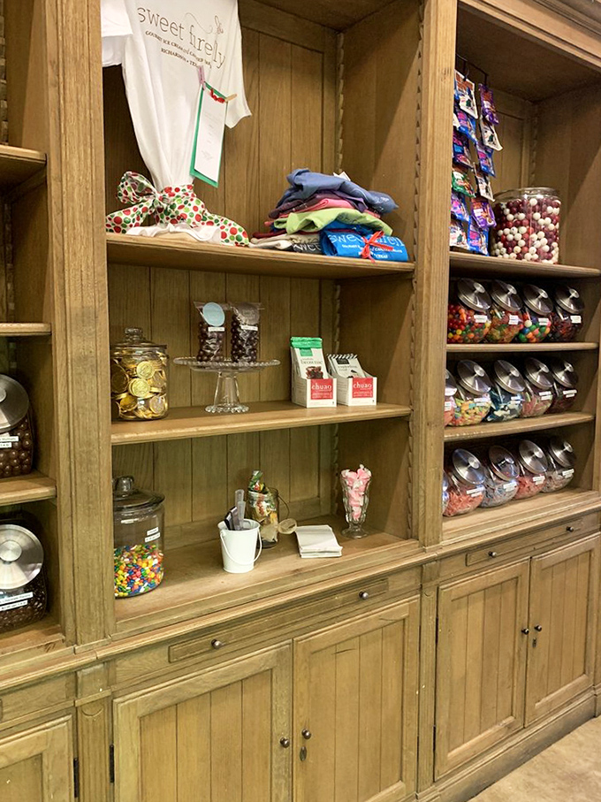 Not just an ice cream shop, but a treasure trove of treats. The wooden cabinet displays goodies that make waiting for your scoop a pleasure.