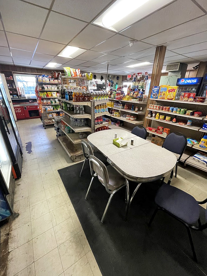 The convenience store shelves remind you that Sunshine is still a functioning general store, not just a destination for burger aficionados.