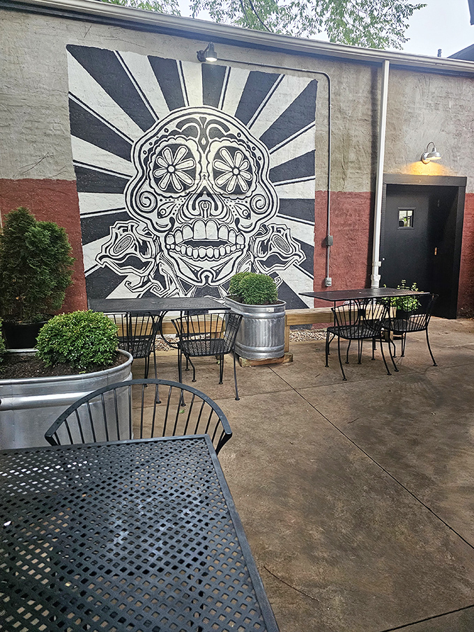 The outdoor patio features a striking sugar skull mural&mdash;al fresco dining with artistic edge and just the right amount of Day of the Dead cool.