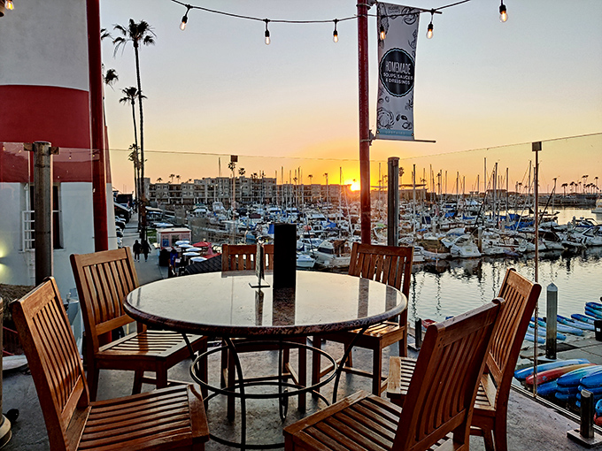 Harbor-side tables where California sunsets provide the kind of ambiance money can't buy, but a good seafood dinner can certainly enhance.