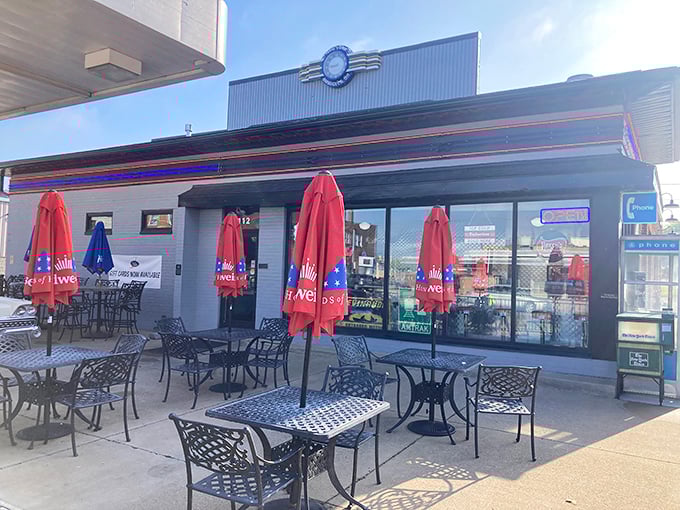 The outdoor patio at Chloe's&mdash;where fresh air meets comfort food. Those red umbrellas provide shade for serious eating business.